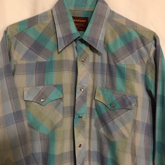 Rustler | Shirts | Vintage Plaid Western Shirt Pearl Snap Usa Large ...